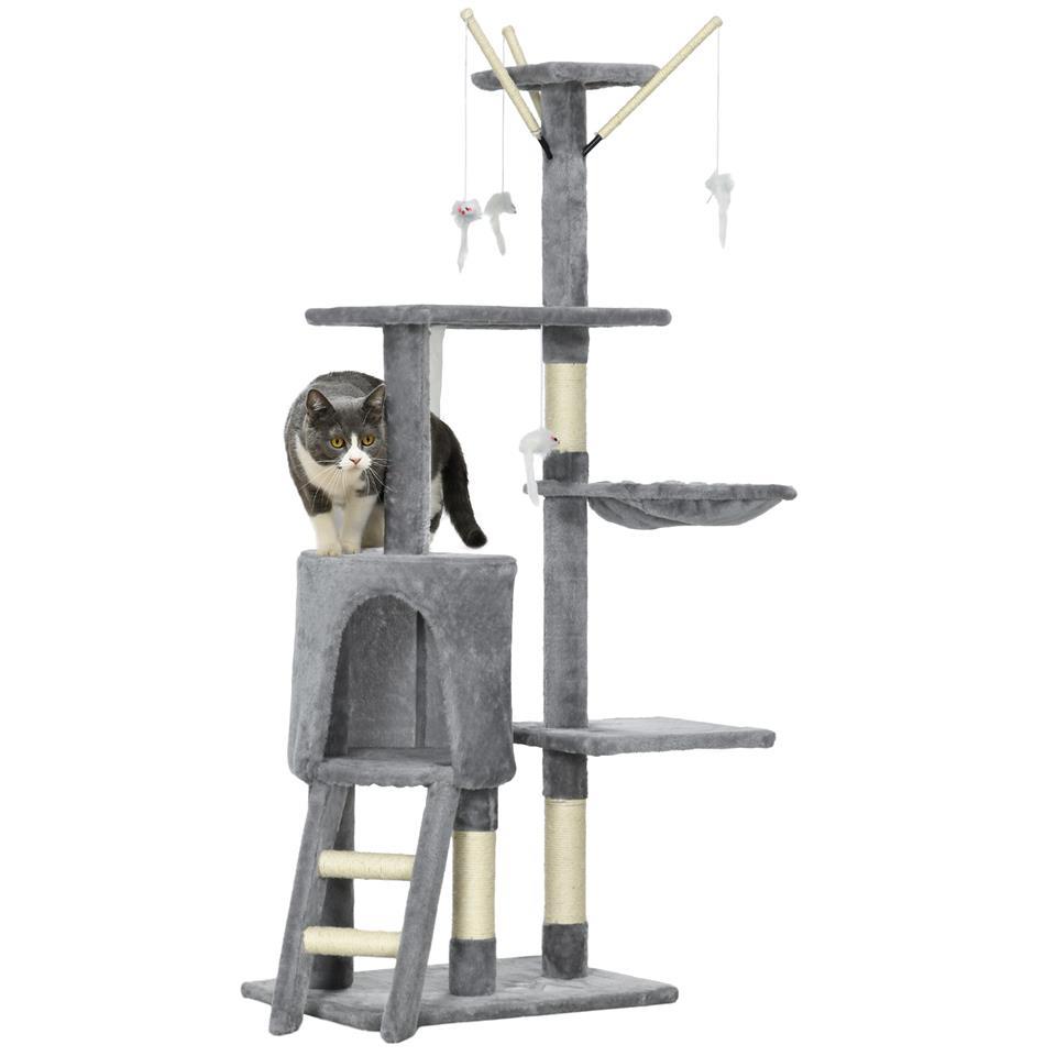 Cat Tower with House, Perch, Platforms and 4 Mice, Made of Wood, Plush ...