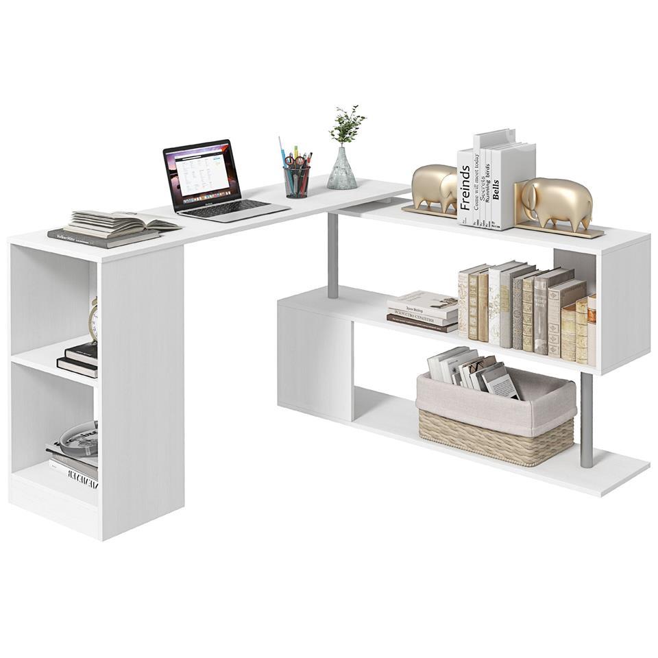 Modern Corner Swivel Desk with Bookcase, White Chipboard Dining Table ...
