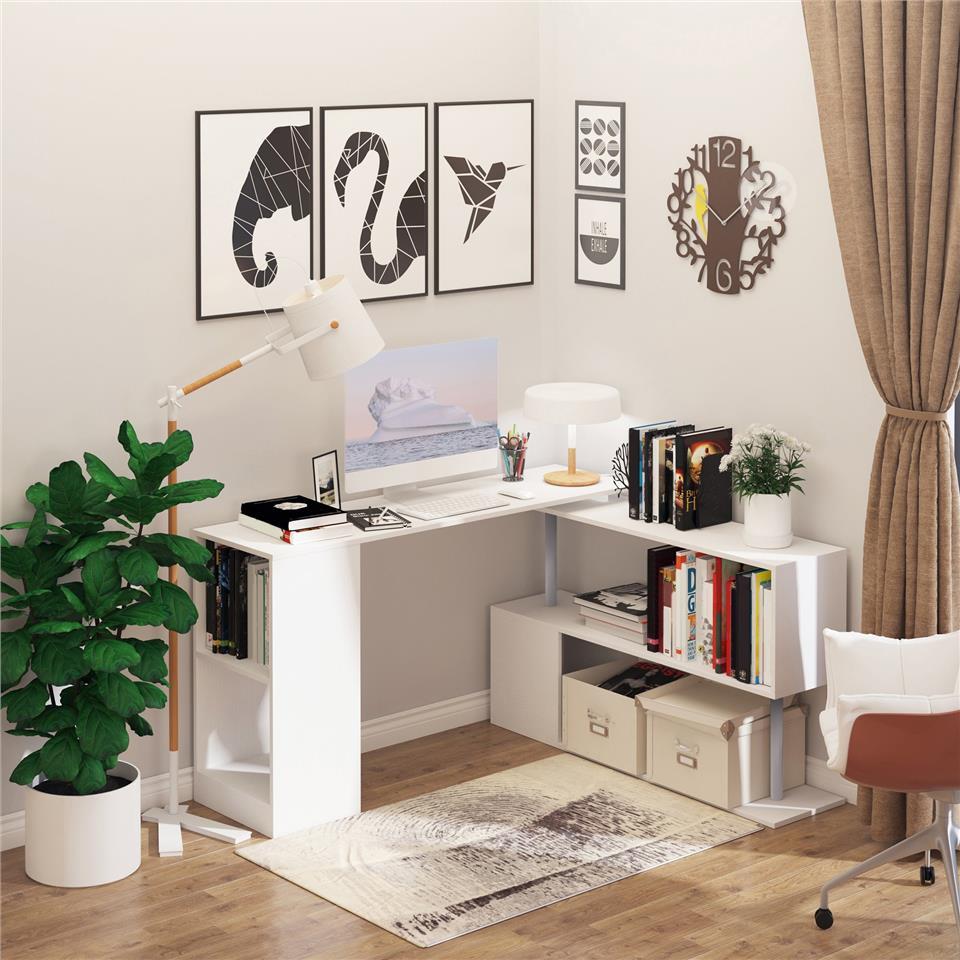Modern Corner Swivel Desk with Bookcase, White Chipboard Dining Table ...