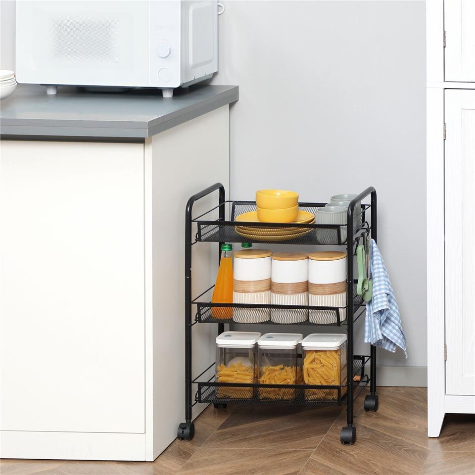 3-Tier Kitchen Cart with Removable Baskets and 4 Wheels, Steel and PP ...