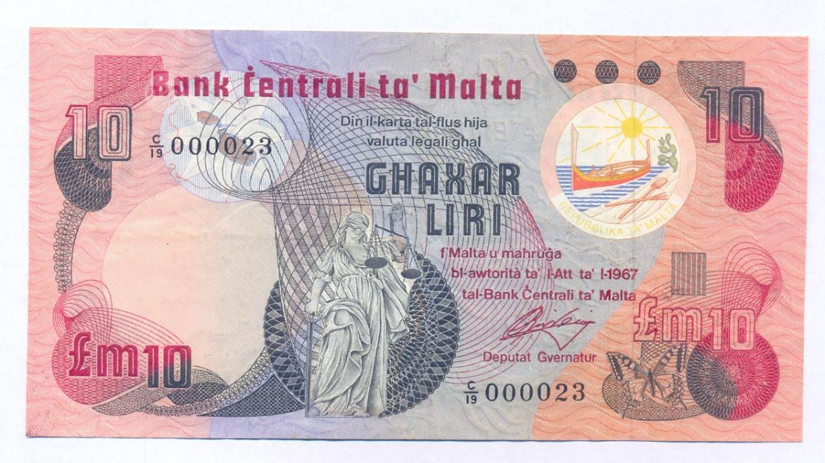 BANK CENTRALI TA' MALTA GHAXAR LIRI 1982 SIGNED LINO SPITERI WITH DOTS ...