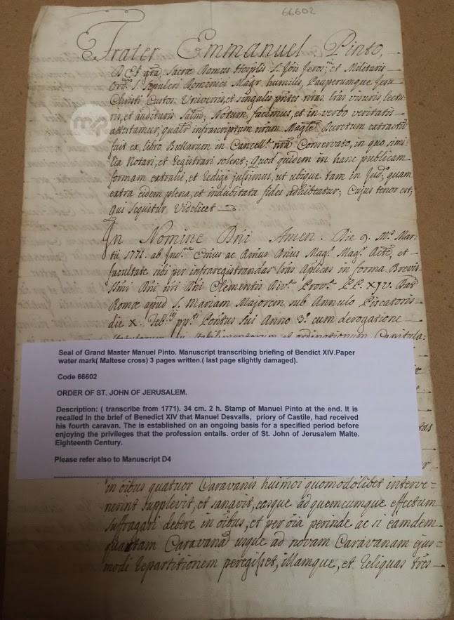 KOM Knights of Malta Manuscript. Embossed Pinto Stamp at the end. 18th ...