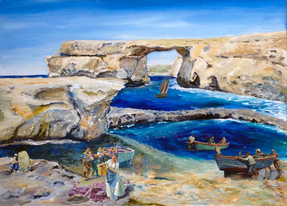 OLD BLUE WINDOW GOZO---- ORIGINAL HAND PAINTING OIL ON CANVAS 70X50 ...